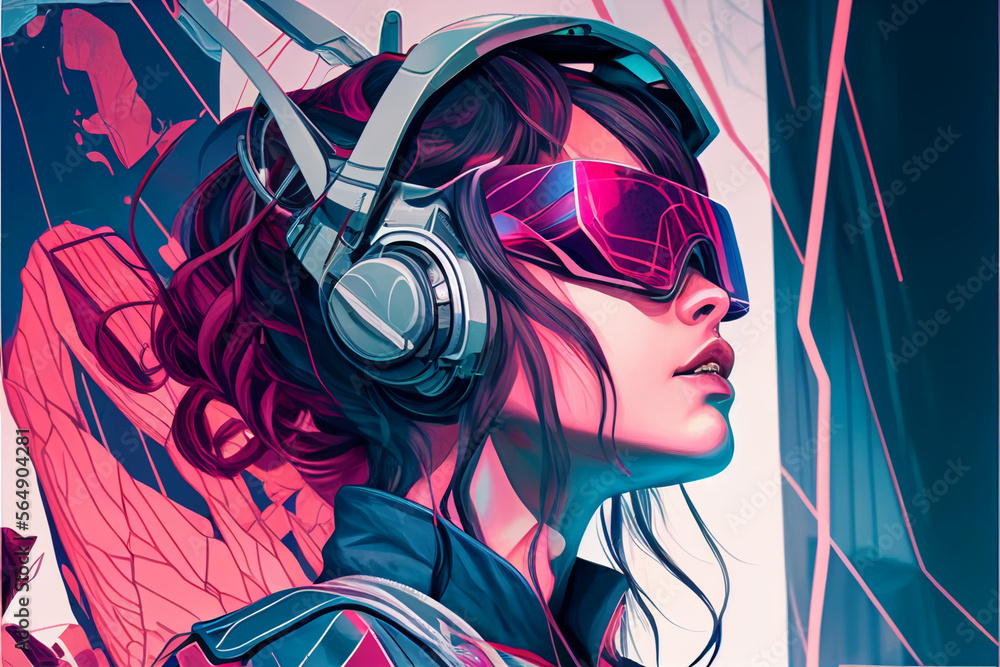 VR virtual reality illustration in oil painting style - headset goggles ...