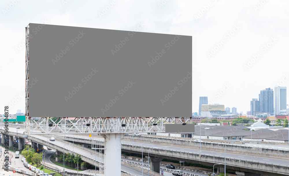 Outdoor pole billboard with mock up gray screen with expressway ...
