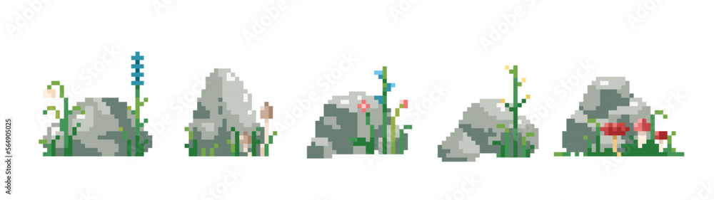 Forest flowers and mushrooms in pixel art style. 8 bit rocks set ...