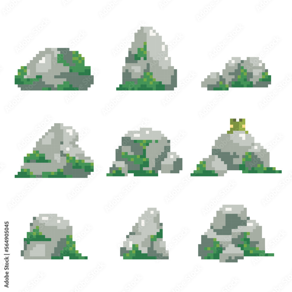 Natural pixel art rocks. Vector pixelated 8 bit stones with overgrown ...