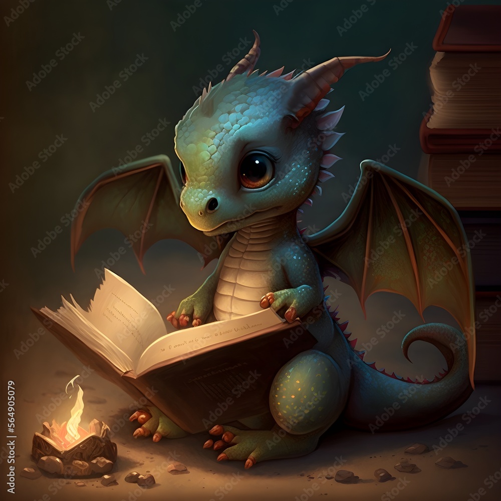 cute baby dragon reading a book childrens book illustration Stock ...