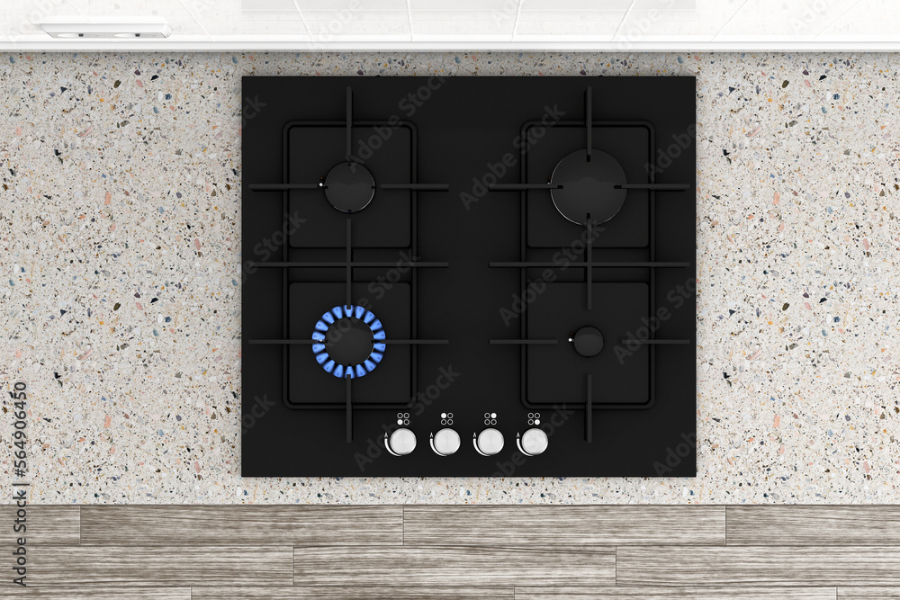 Flame of Methane Gas with Black Modern Kitchen Gas Stove Top View. 3d ...