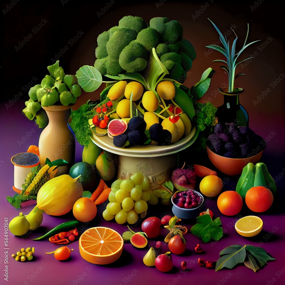 lazy susan and table full of fruits and vegetables, a medley of various ...