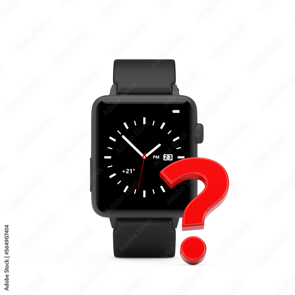 Black Modern Smart Watch with Strap and Red Question Mark. 3d Rendering ...
