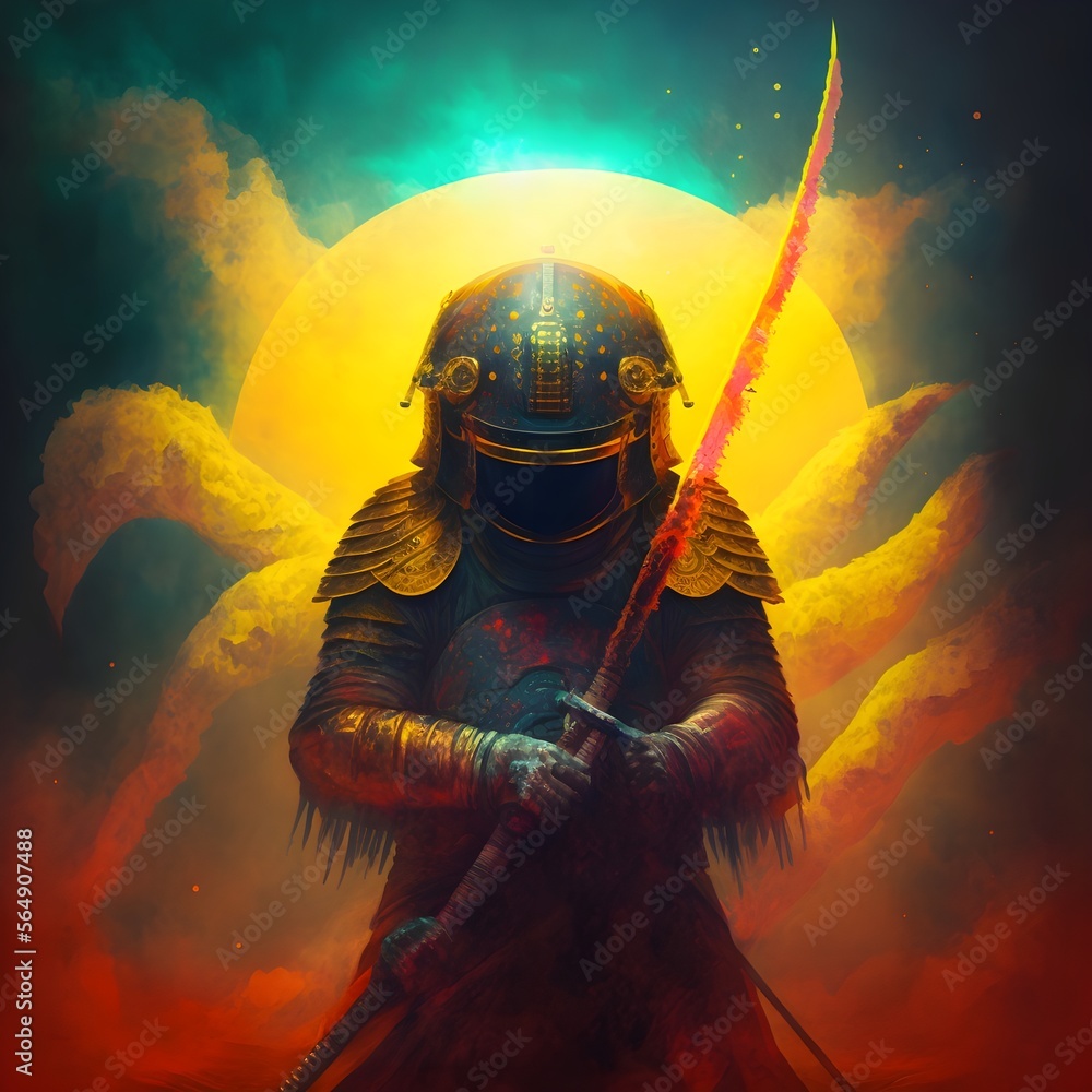 Samurai in futuristic lighting helmet fighting with cosmic dinosaurs in ...