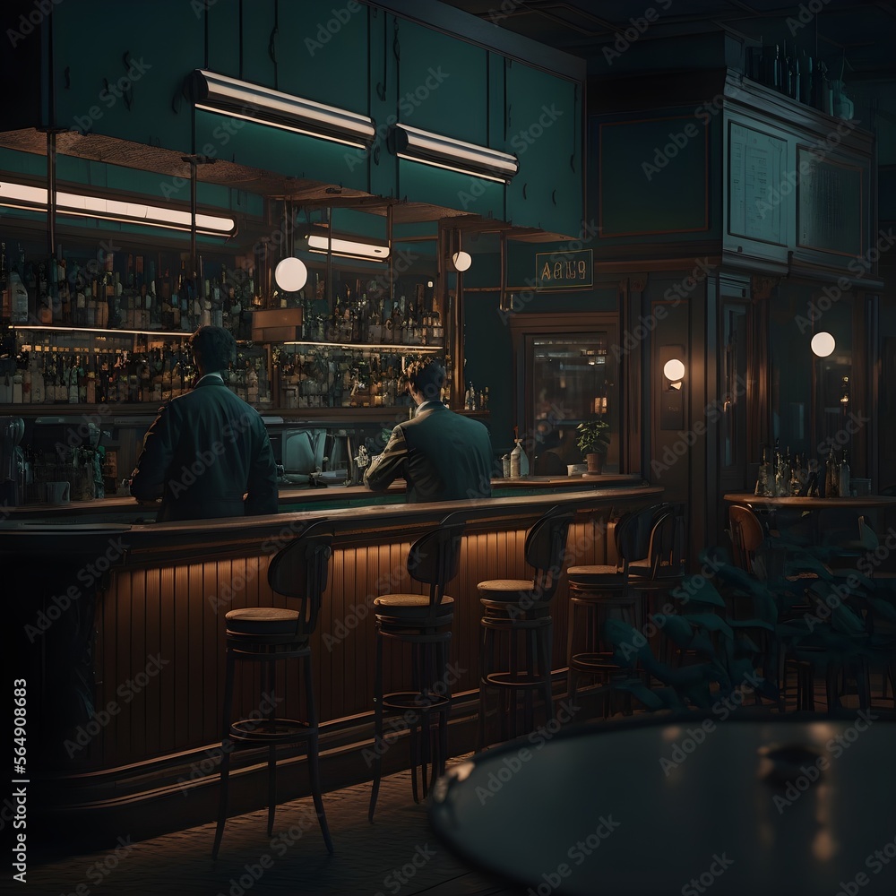 A hotel bar in the middle of the night only one clerk and customer ...