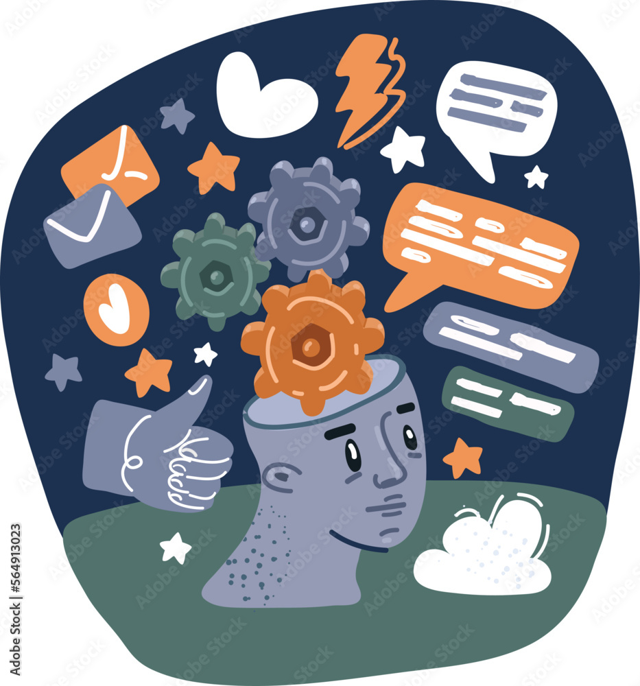 Cartoon vector illustration of head wiith gears inside thinking Stock ...