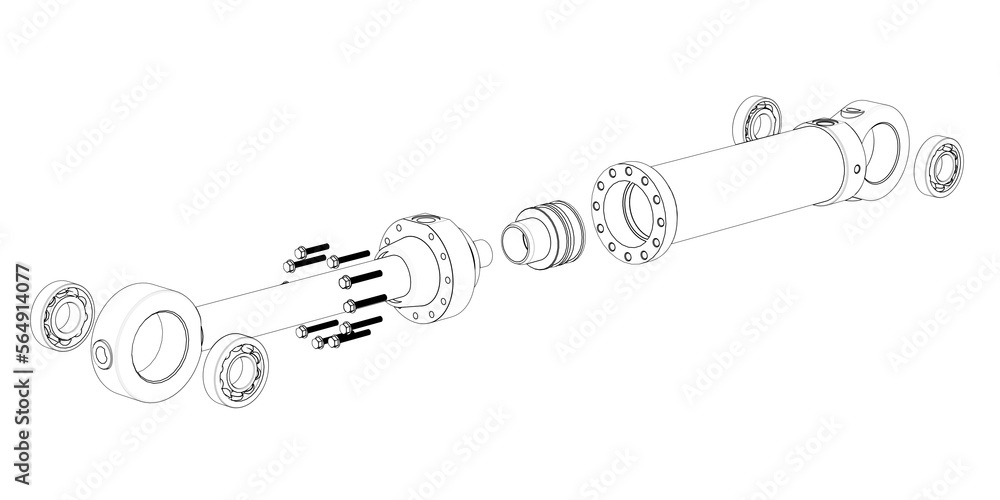 Hydraulic cylinder high pressure exploded view black and white 3D ...