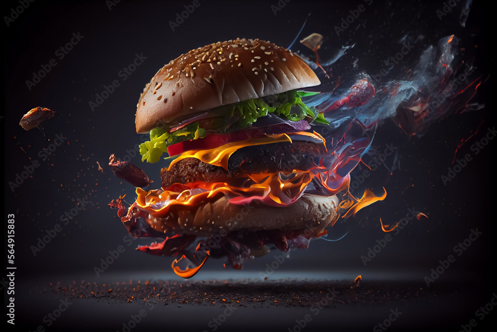 illustration of levitating burger on fire on black background. AI Stock ...