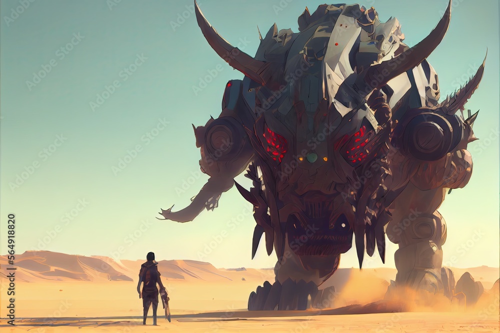An apocalypse warrior facing a giant mechanical beast, mech, robot ...
