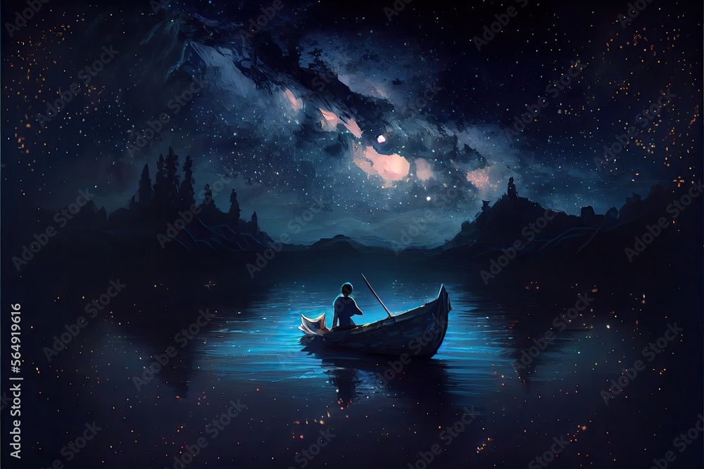 Boy rowing a boat with his wolf among the stars in the night sky, anime ...