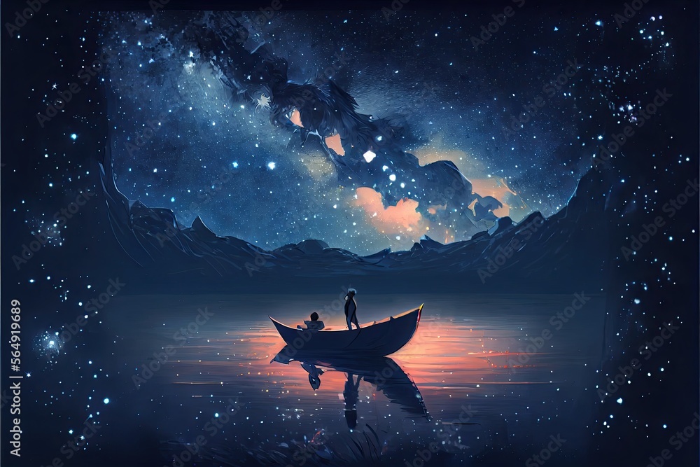 Boy rowing a boat with his wolf among the stars in the night sky, anime ...