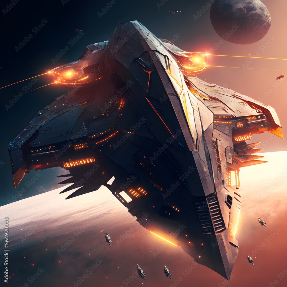 ultra large starship sharp angular with big laser cannons on the top ...