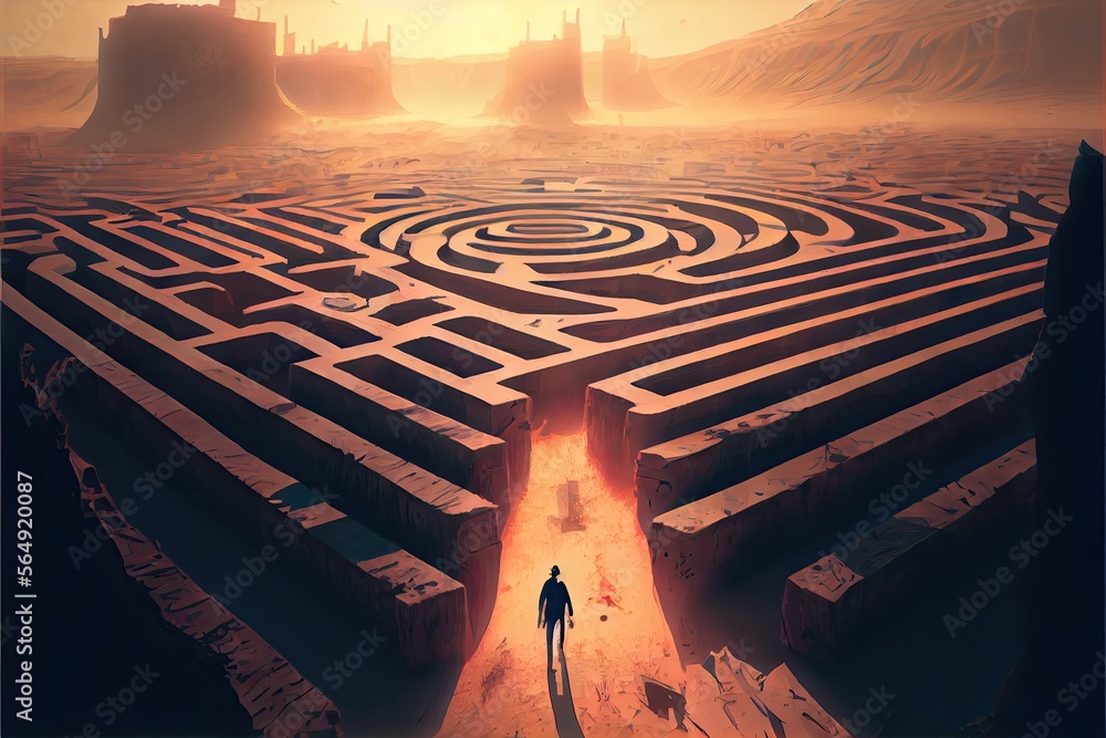 Concept fantasy illustration showing a man standing in the middle of a ...