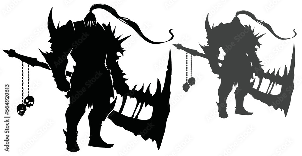 A black sinister silhouette with a bully knight in spiked heavy armor ...