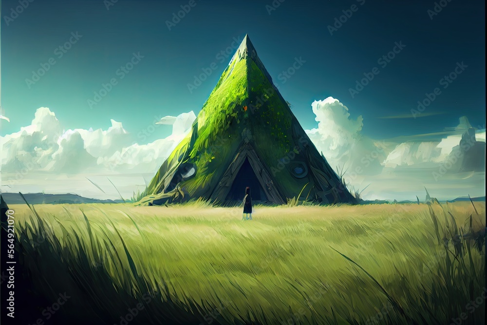 Young boy exploring a large pyramid covered with green grass, fantasy ...