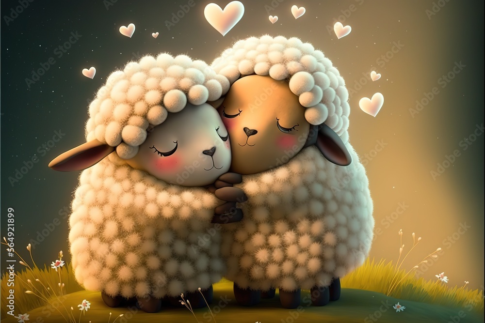 Little sheep in love hugging, kissing and enjoying in their love. Baby ...