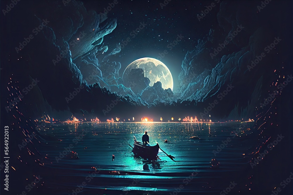 Night scenery of a man rowing a boat towards a giant moon, fantasy ...