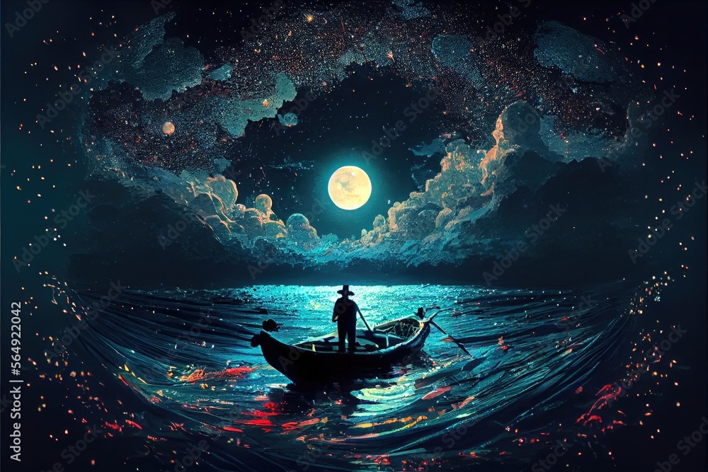 Night scenery of a man rowing a boat towards a giant moon, fantasy ...