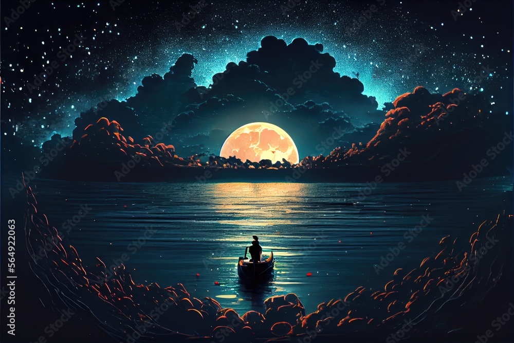 Night scenery of a man rowing a boat towards a giant moon, fantasy ...