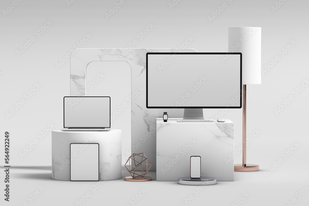 Electronic devices on white background Stock Photo | Adobe Stock
