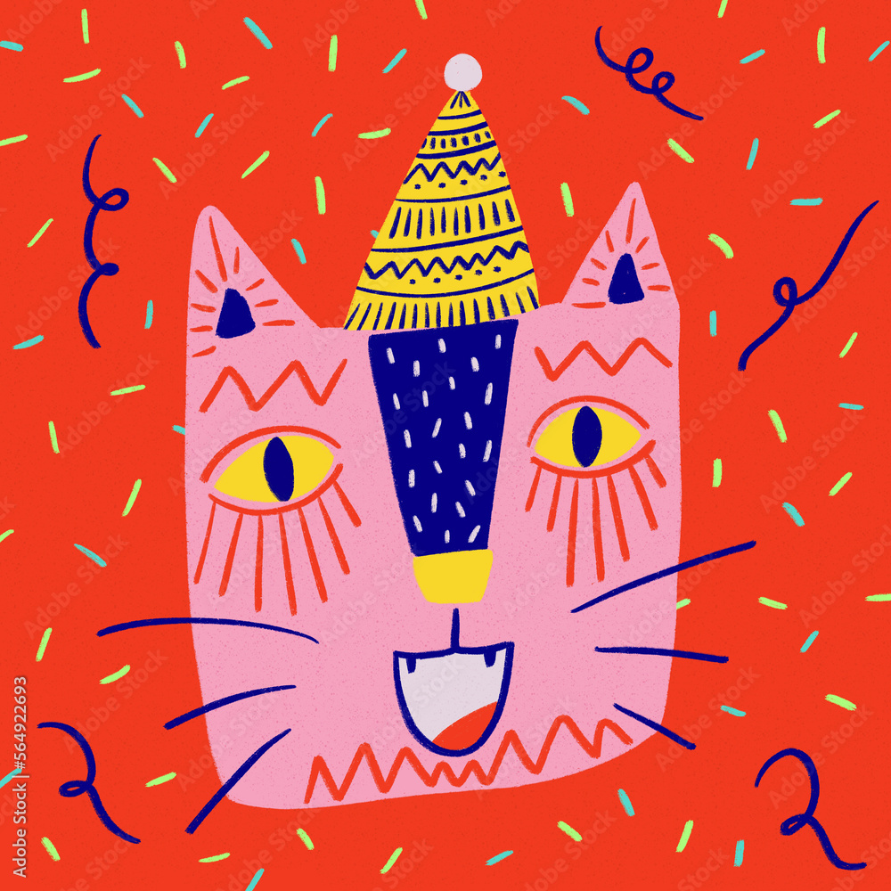 Happy birthday party cat funky illustration Stock Photo | Adobe Stock
