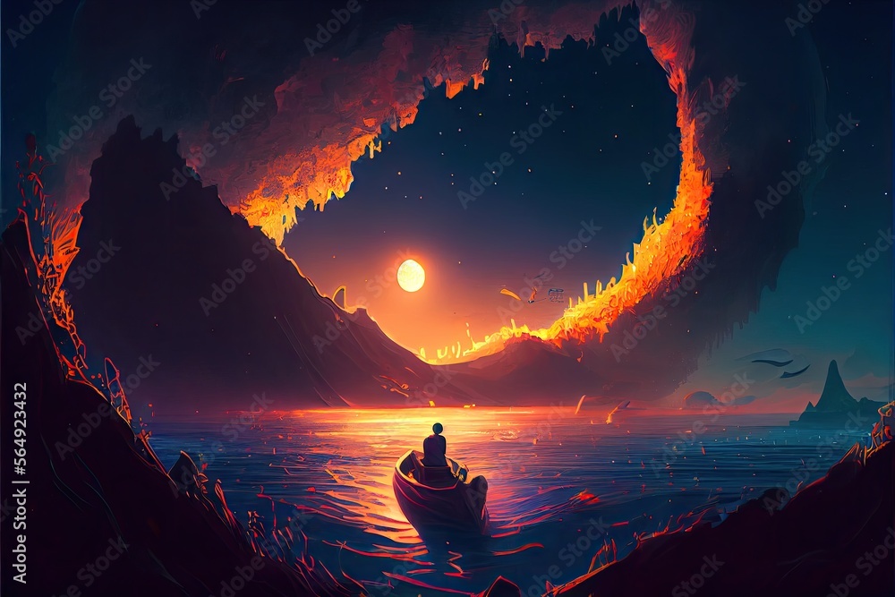 Surreal concept of a man rowing a boat in the glowing moonlight ...