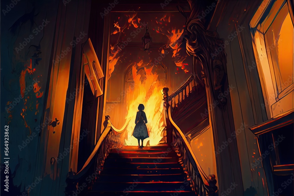 The super human torch walking down the stairs in an abandoned mansion ...