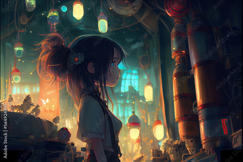 Young girl standing and looking at a pile of engines and robots, anime ...