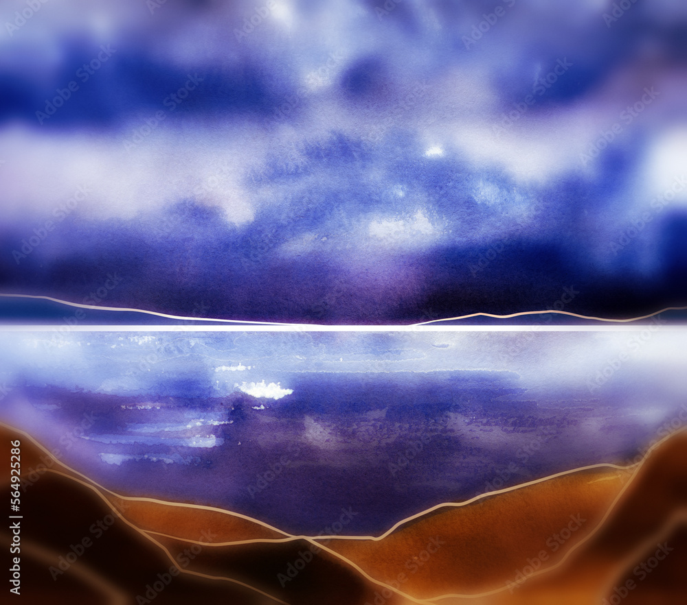 Rocks, sea, sky and horizon - watercolour drawing with digital line art ...