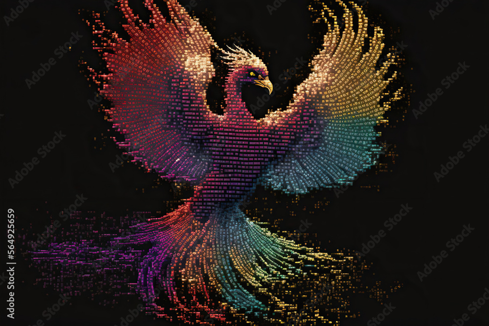 abstract phoenix of technology rising from the digital world ...