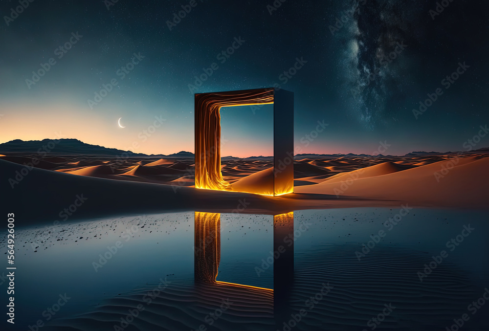 A surreal night desert landscape. Abstract sand dunes reflected in a square mirror. Yellow neon ...