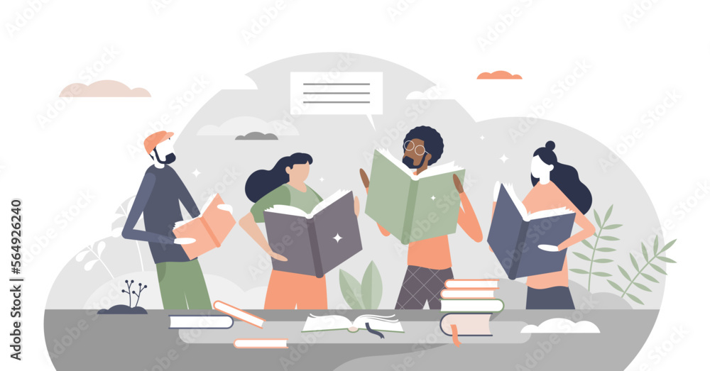 Friends reading books in library literature club meeting tiny person ...