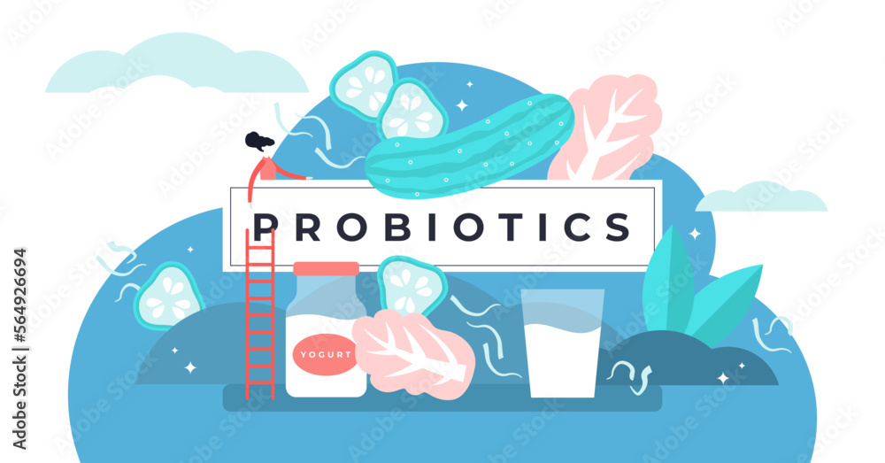 Probiotics illustration, transparent background. Flat tiny gut flora ...