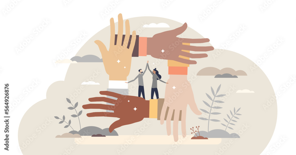 Solidarity and unity as connect multiracial people hands tiny person ...