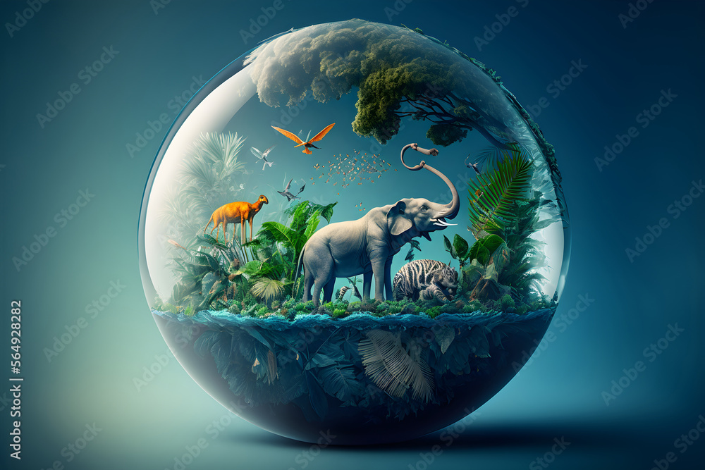 Crystal Earth glass globe ball and jungle flora, safari animals on blue ...