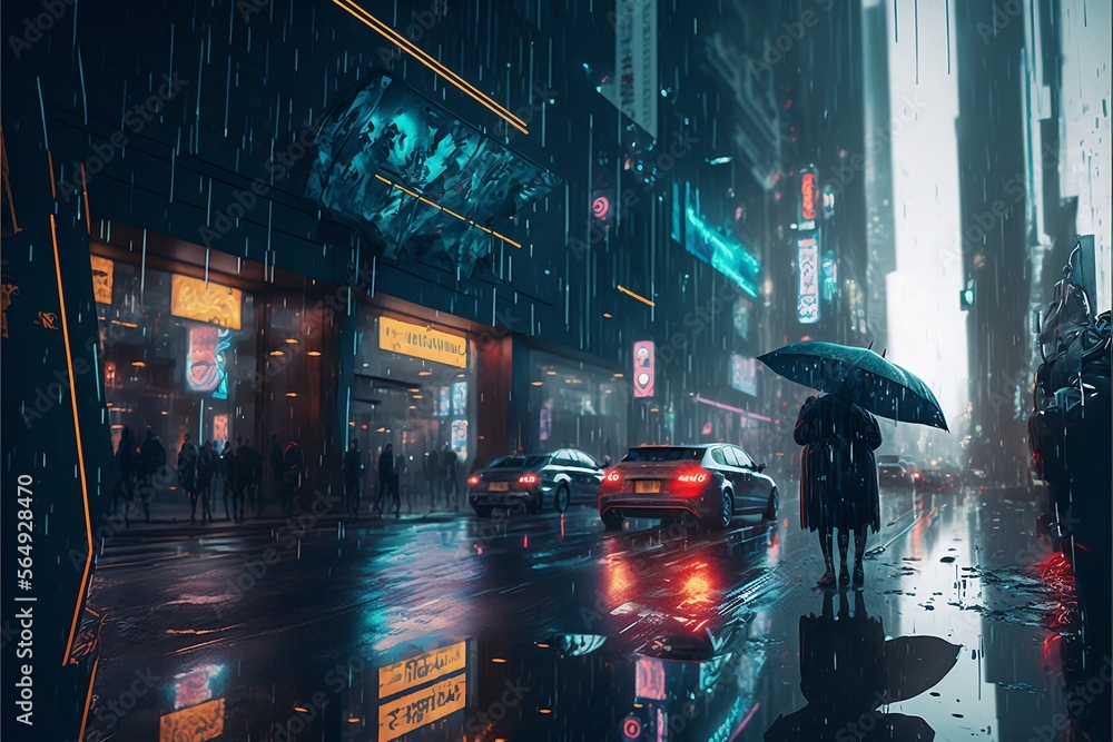 illustration of a rainy weather on a busy street in a futuristic city ...