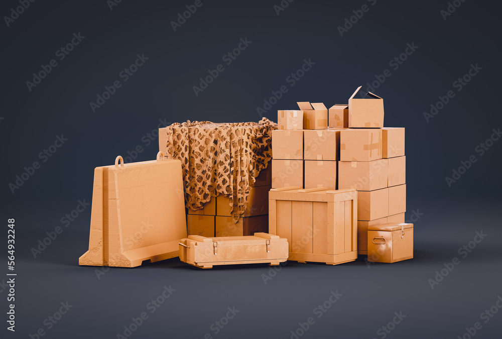 Monochrome single color yellow military arsenal pile with cargo ...
