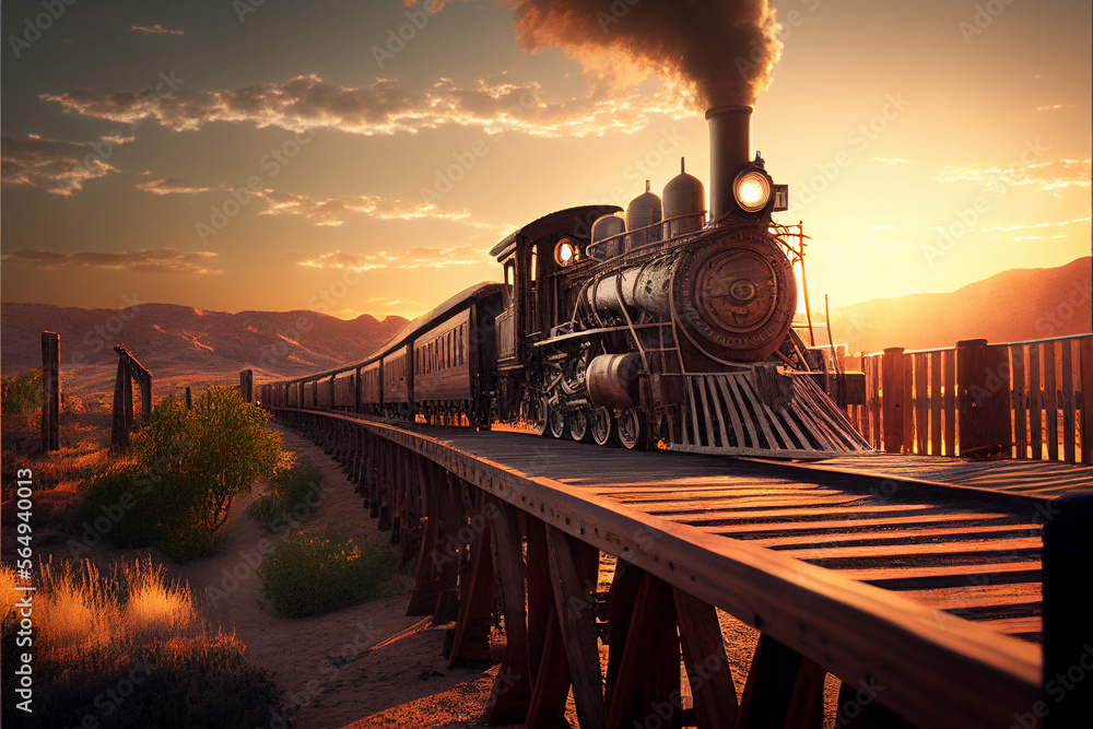A steam locomotive from the times of the Wild West rides over a wooden ...