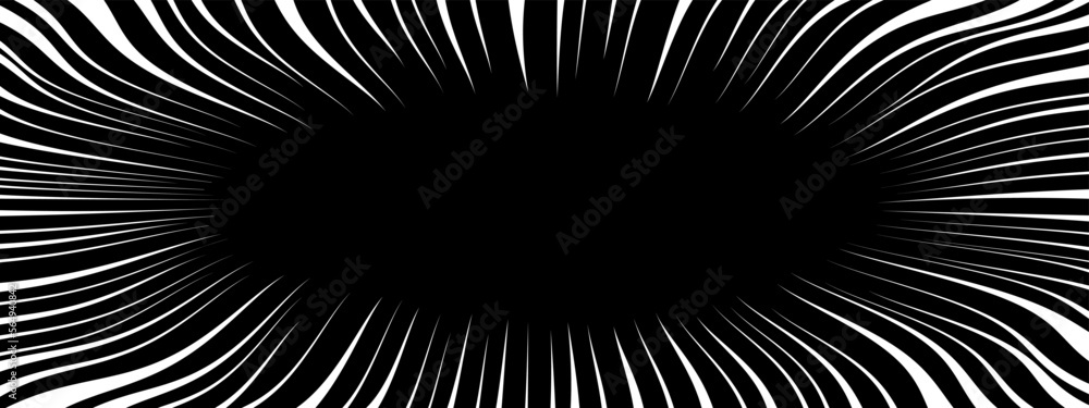 Swirled radial white lines on black background. Twisted comic attention ...