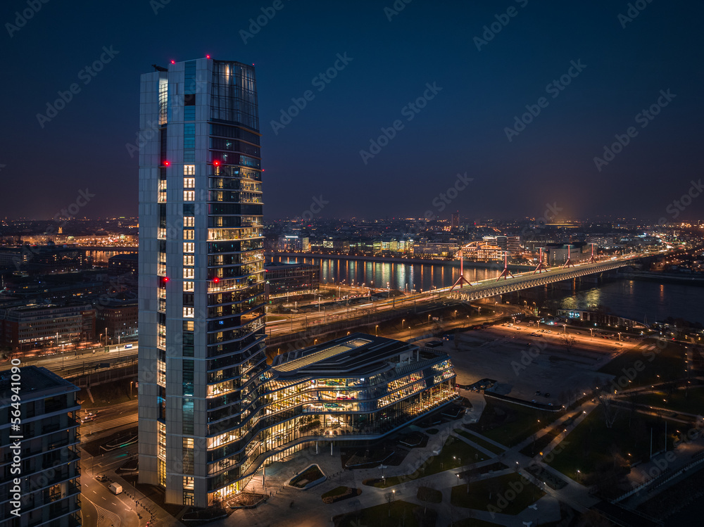 Budapest, Hungary - Aerial view of Budapest's new, illuminated MOL ...