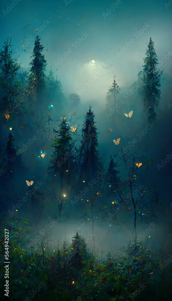 forest blue glowing butterflies mild fog moonlight ultra reali ...