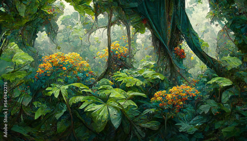oil painting of the jungle canopy big leaves flowers detailed ...