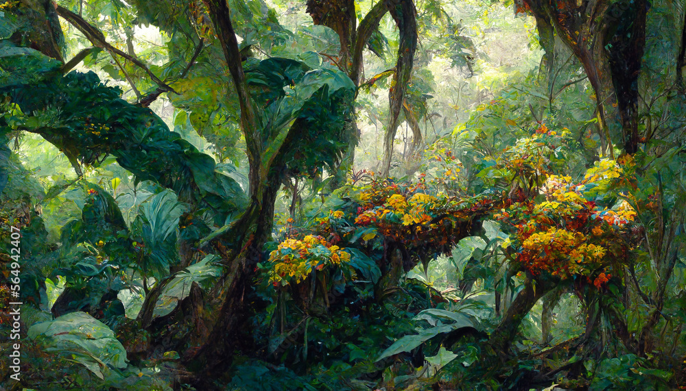 oil painting of the jungle canopy big leaves flowers detailed ...