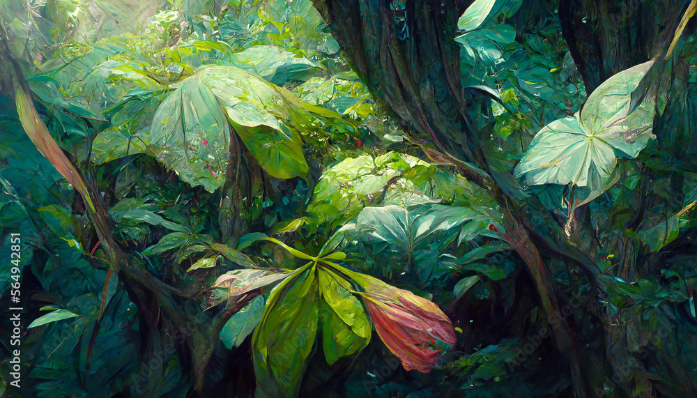 oil painting of the jungle canopy big leaves flowers detailed ...