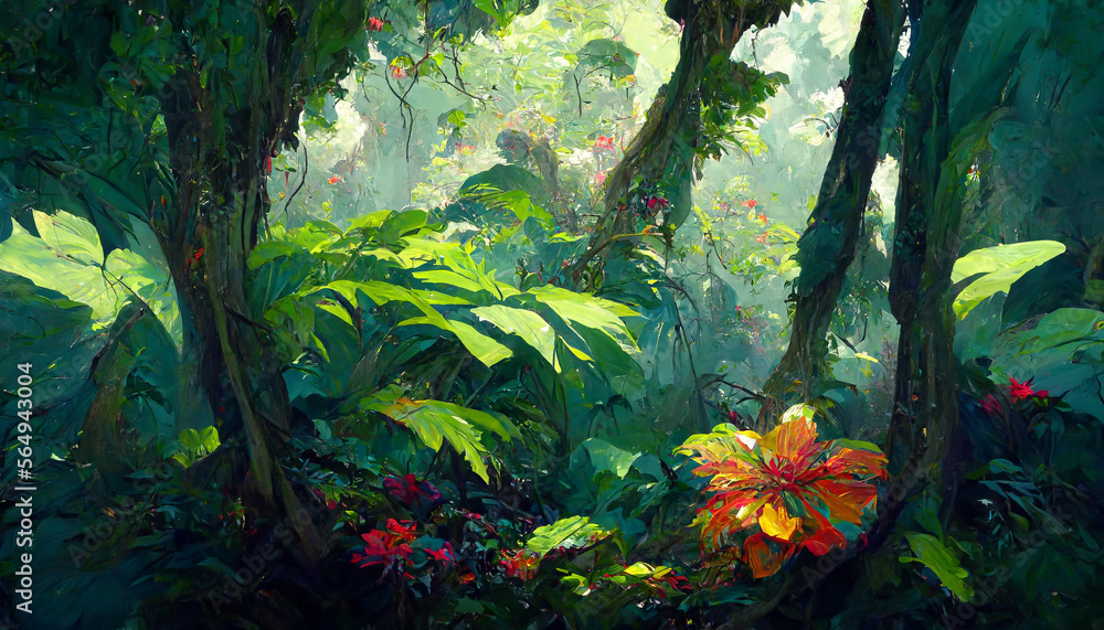 oil painting of the jungle canopy big leaves flowers detailed ...