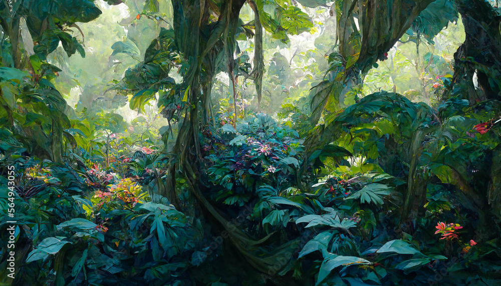 oil painting of the jungle canopy big leaves flowers detailed ...