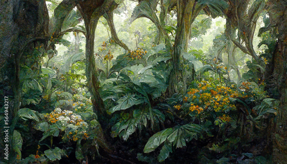 oil painting of the jungle canopy big leaves flowers detailed ...