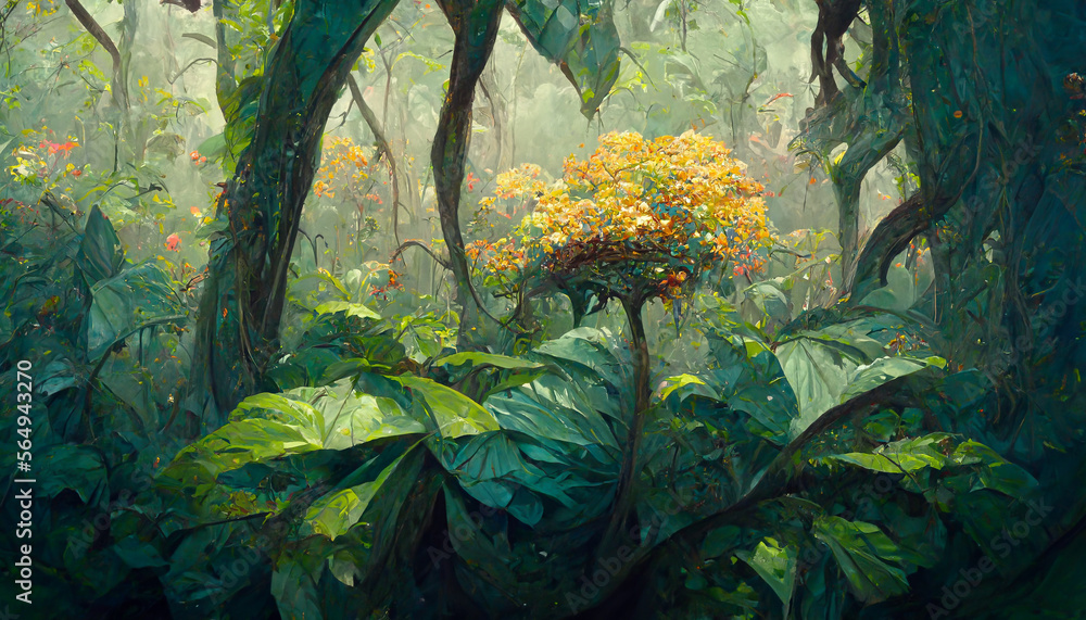 oil painting of the jungle canopy big leaves flowers detailed ...