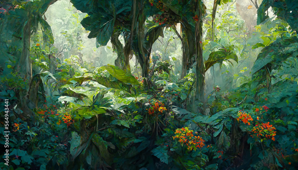oil painting of the jungle canopy big leaves flowers detailed ...